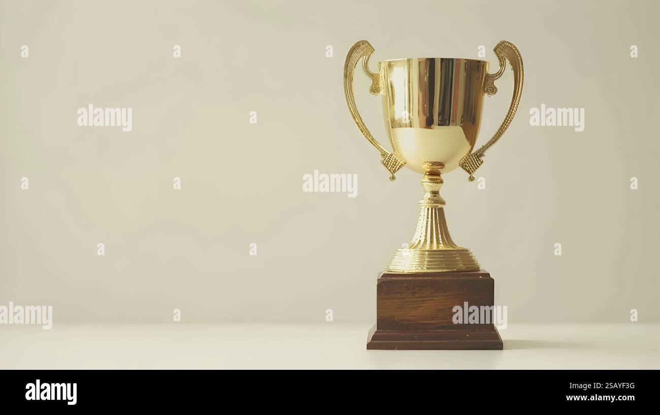 This image depicts a gleaming gold trophy centered against a pristine ...