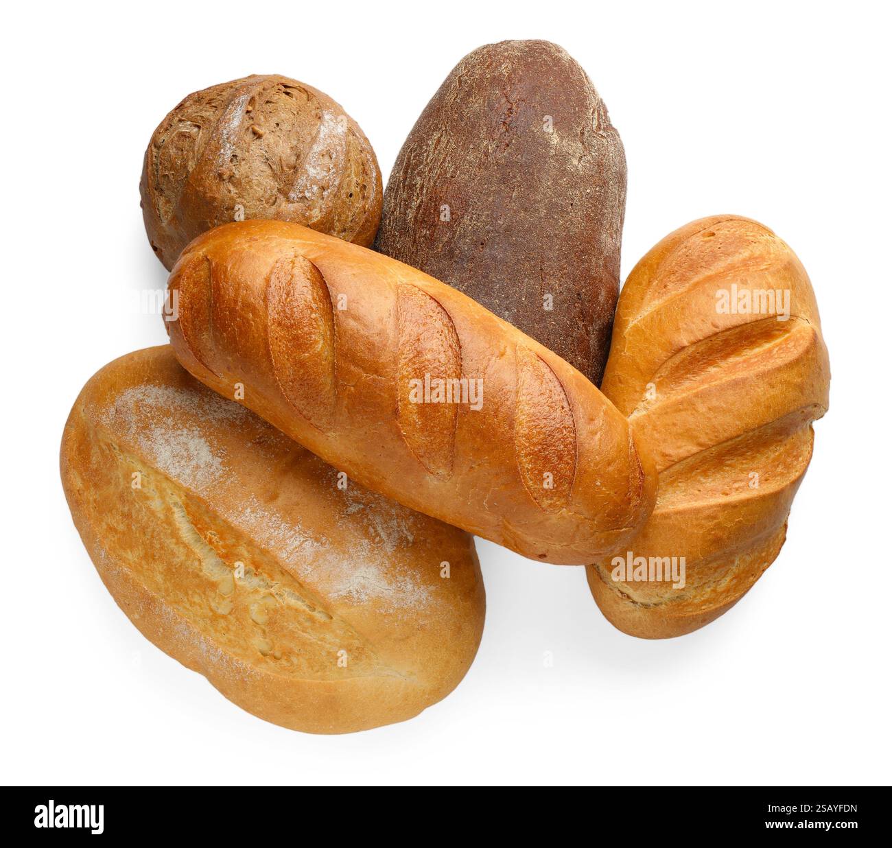 Different freshly baked bread loafs isolated on white, top view Stock ...