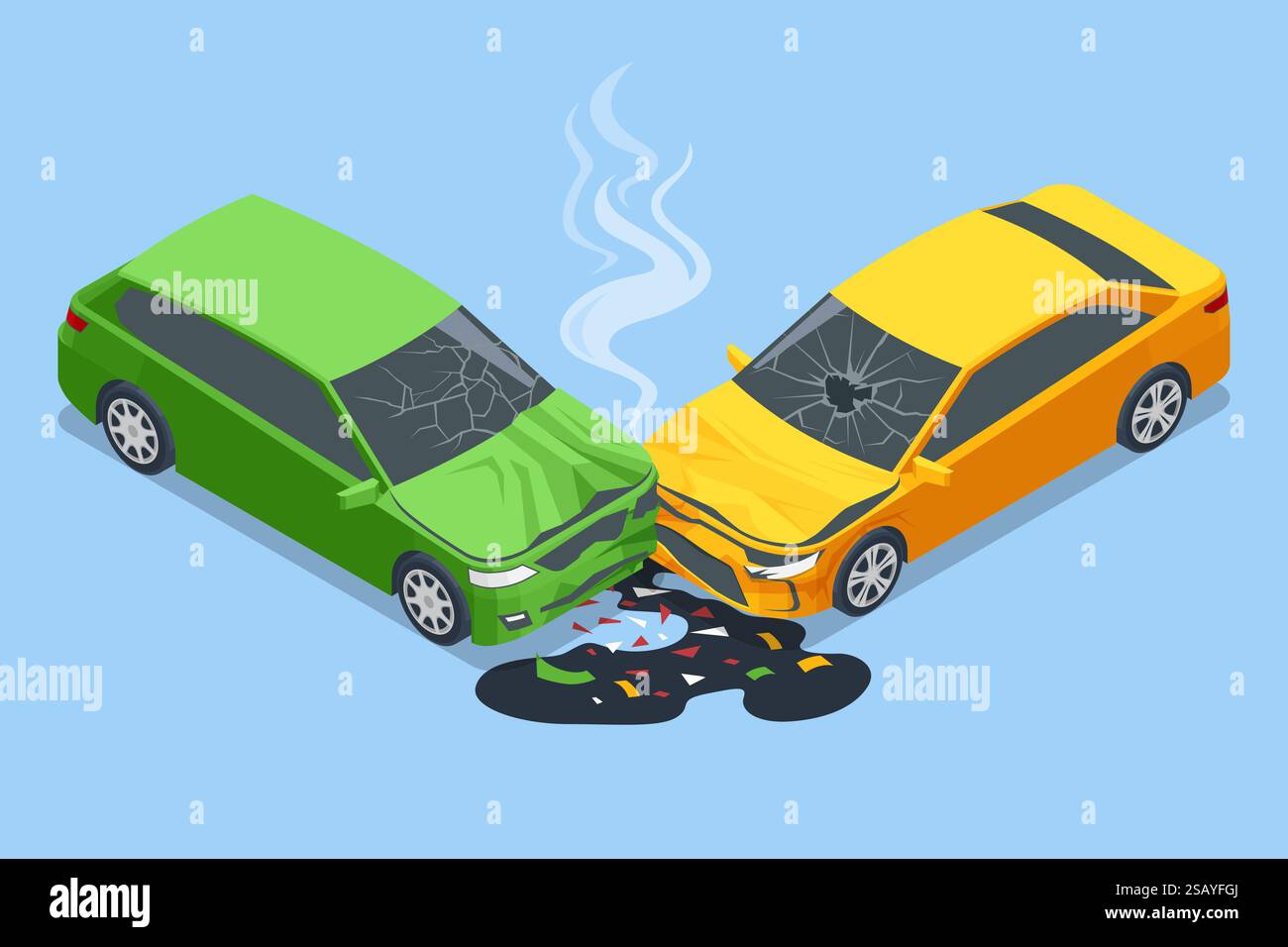 Car crash. Isometric vector of a collision between a green and yellow ...