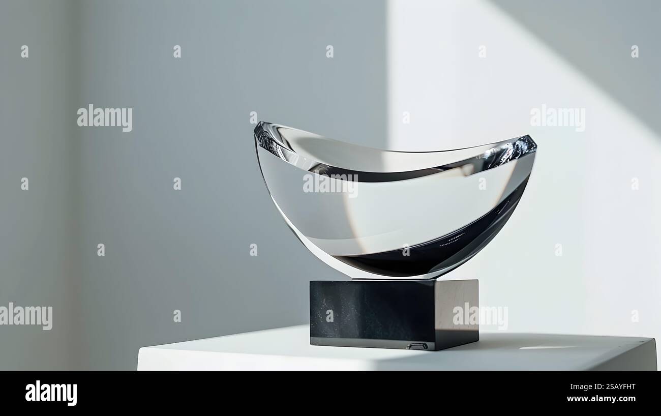 This image depicts a modern,minimalistic trophy design made of clear ...