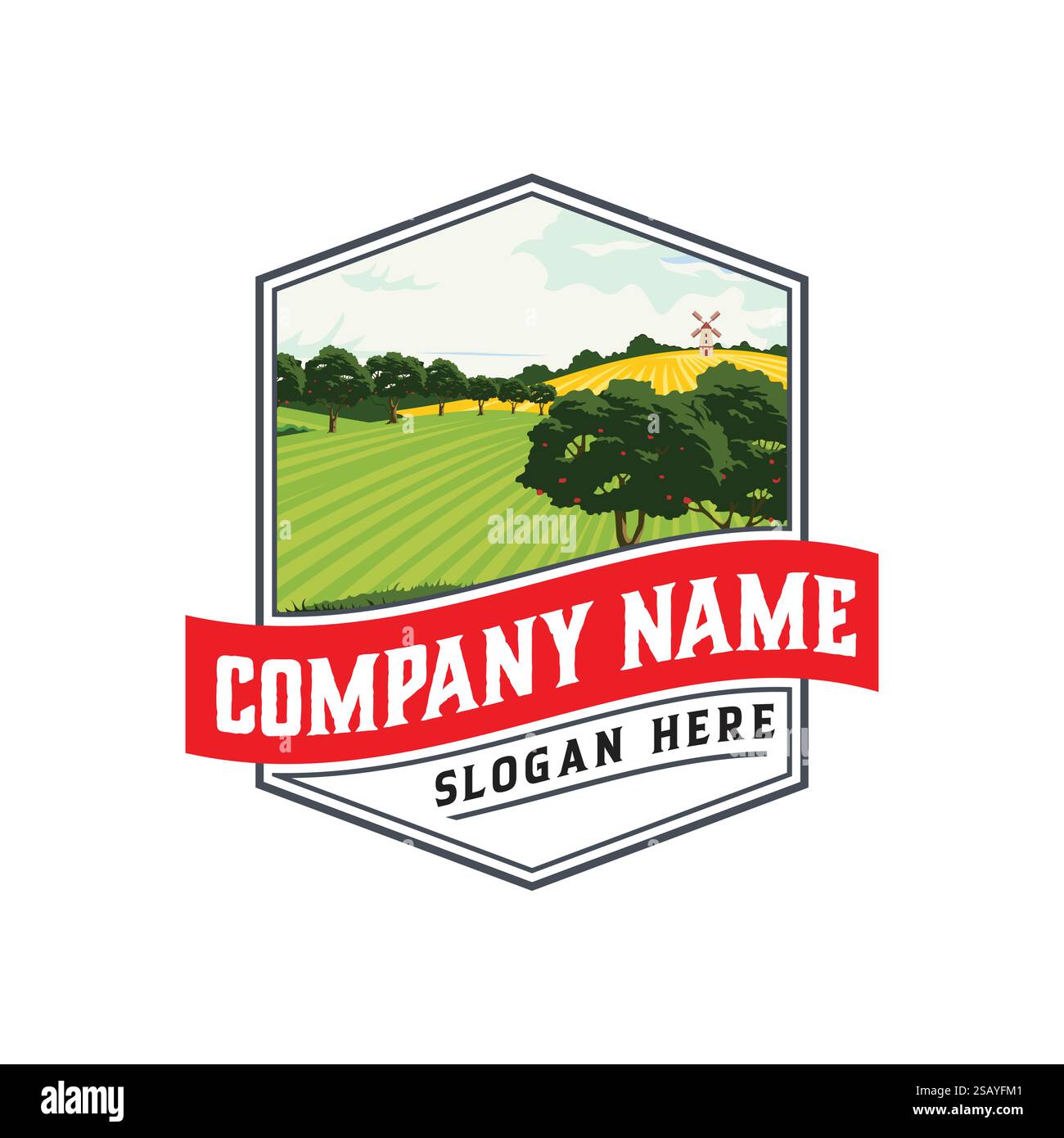 A rustic logo featuring a windmill in a lush green field with a red ...