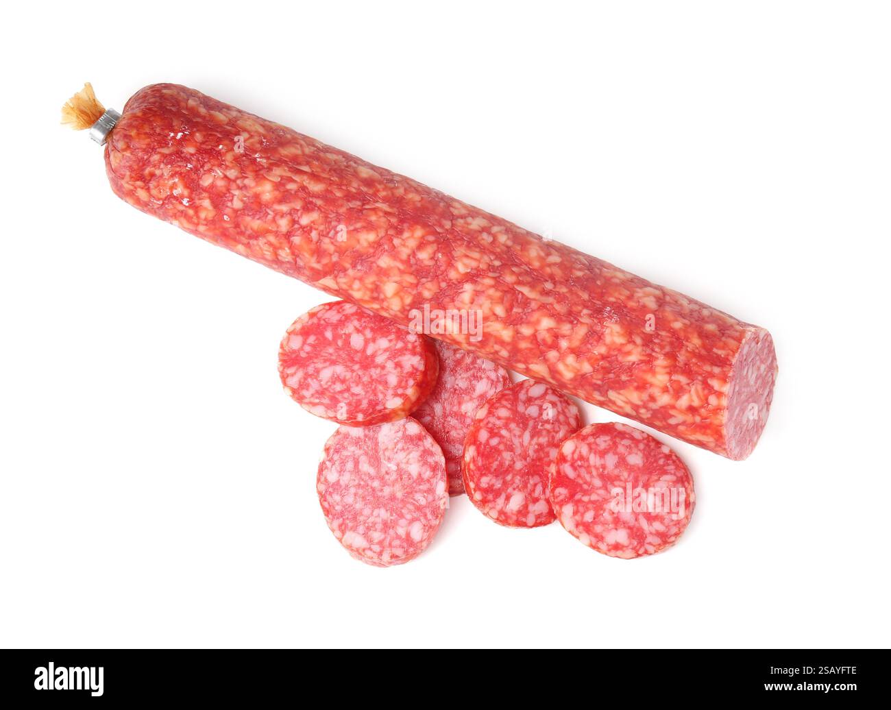 Delicious dry cured sausage isolated on white, top view Stock Photo - Alamy