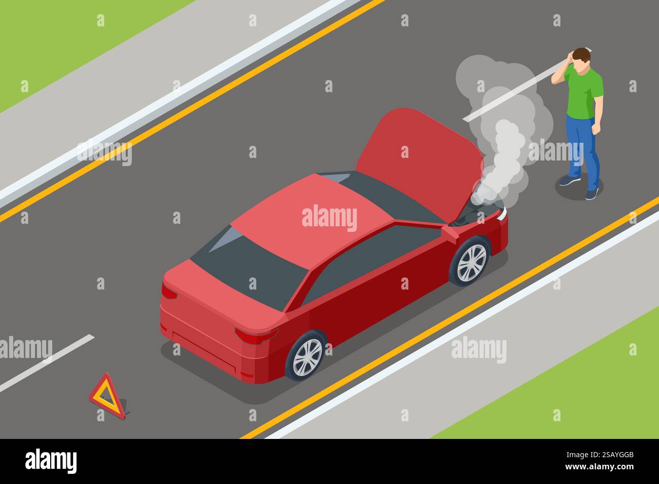 Isometric Car crash, car breakdown. A red car with an open hood ...