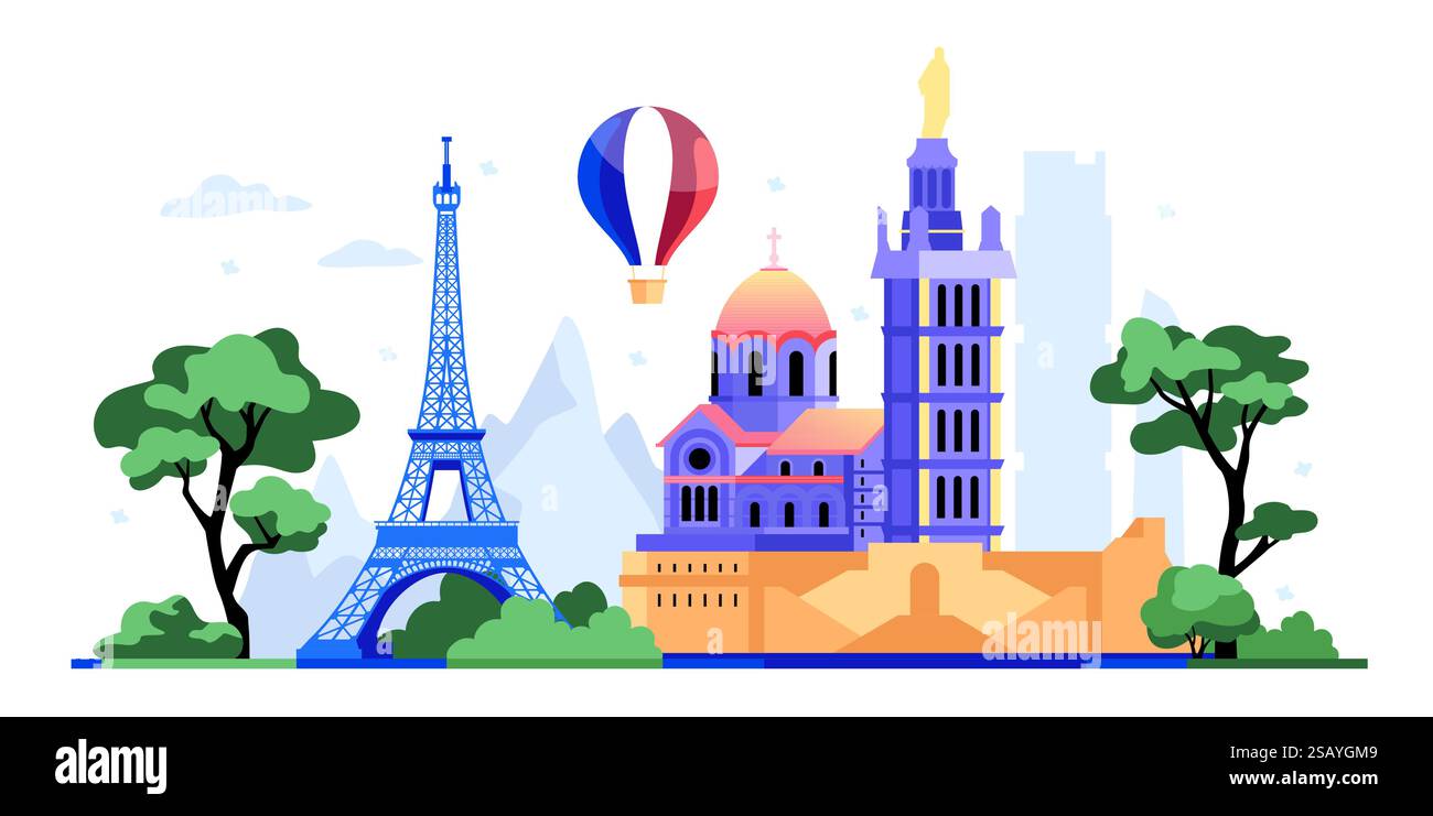 Travel to France - colorful flat design style illustration. Landscape ...