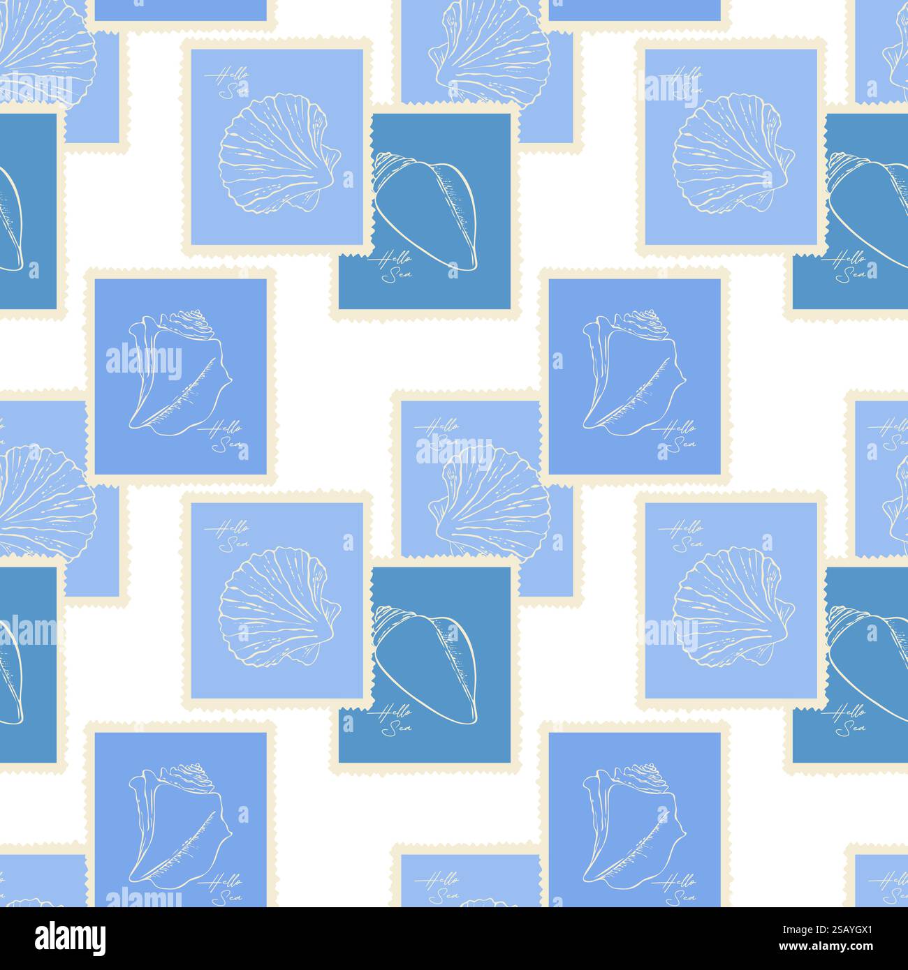 Nautical pattern with sea stamps with seashell, in blue tones. Hand ...