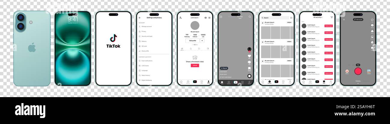Tik Tok design in Iphone 16. Set Tik Tok screen social media and social ...