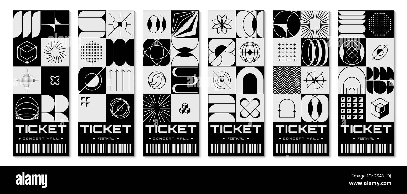 Retro tickets in brutal style featuring bold abstract geometric ...