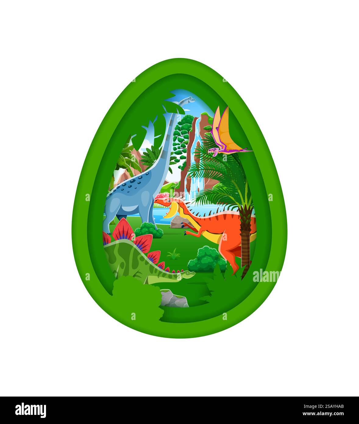 Paper cut dino egg with prehistoric dinosaurs landscape, cartoon dinos ...
