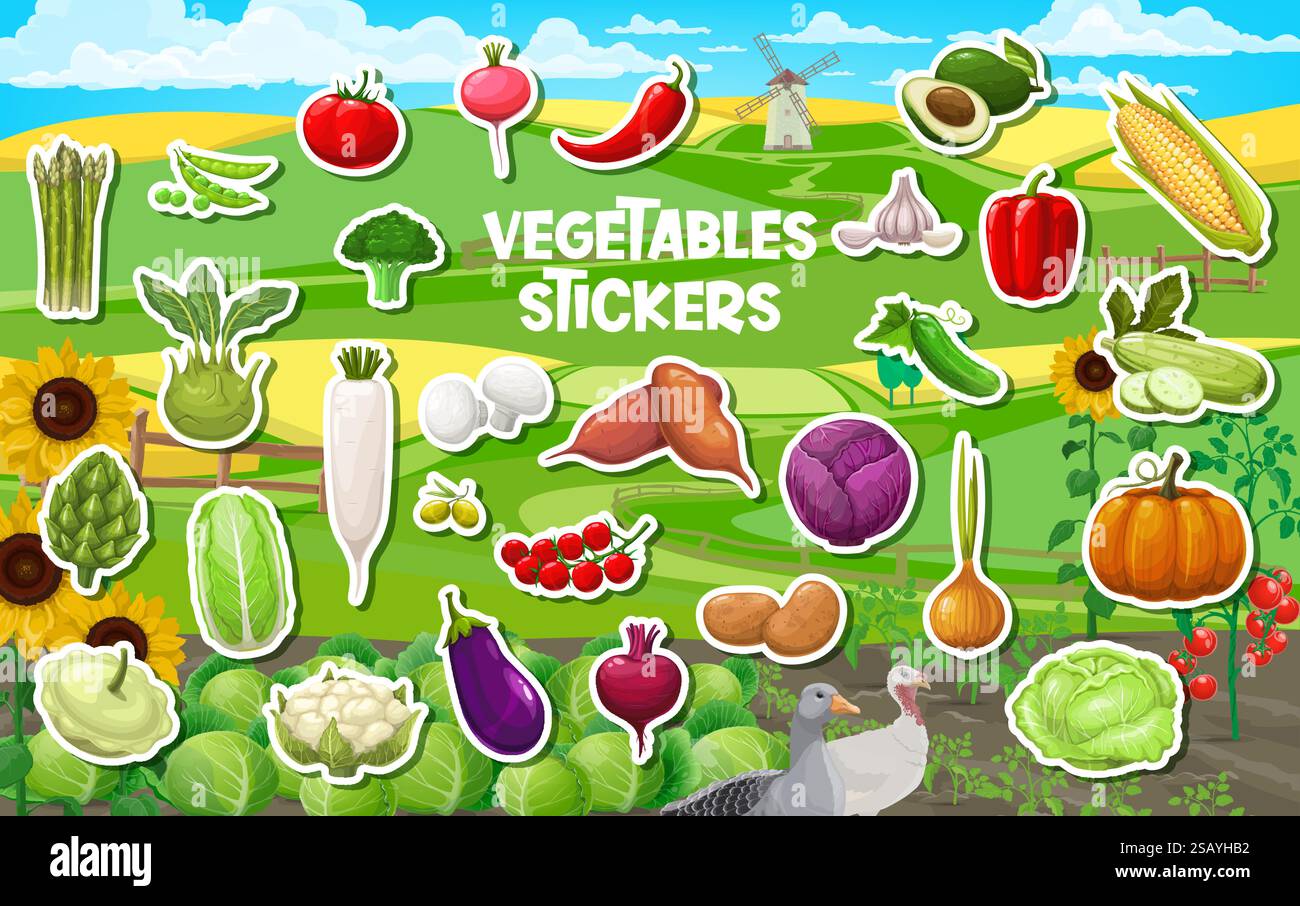 Farm ripe vegetables stickers pack. Farm harvest ripe vegetable cartoon ...