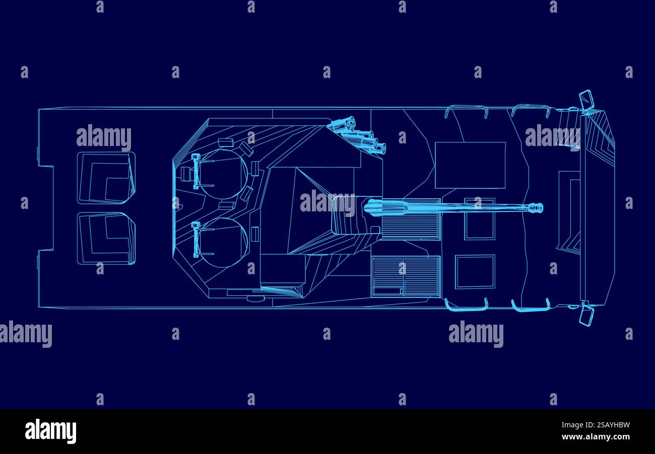 Blue drawing of a tank with a large gun on top. The tank is shown in a ...