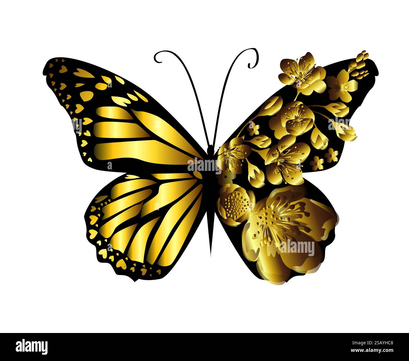 Golden butterfly with golden flowers. hand drawing. Not AI. Vector ...