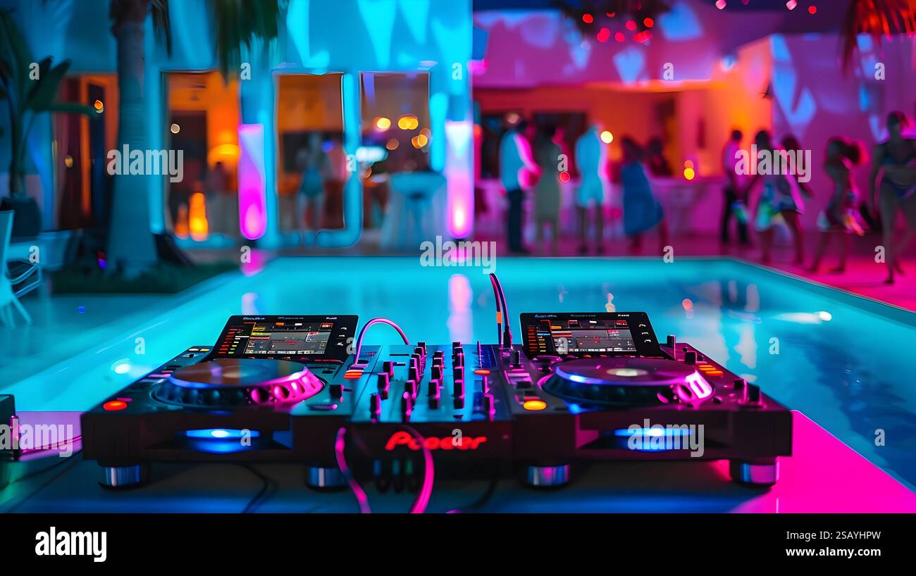 This image depicts a dynamic poolside DJ booth surrounded by a lively ...