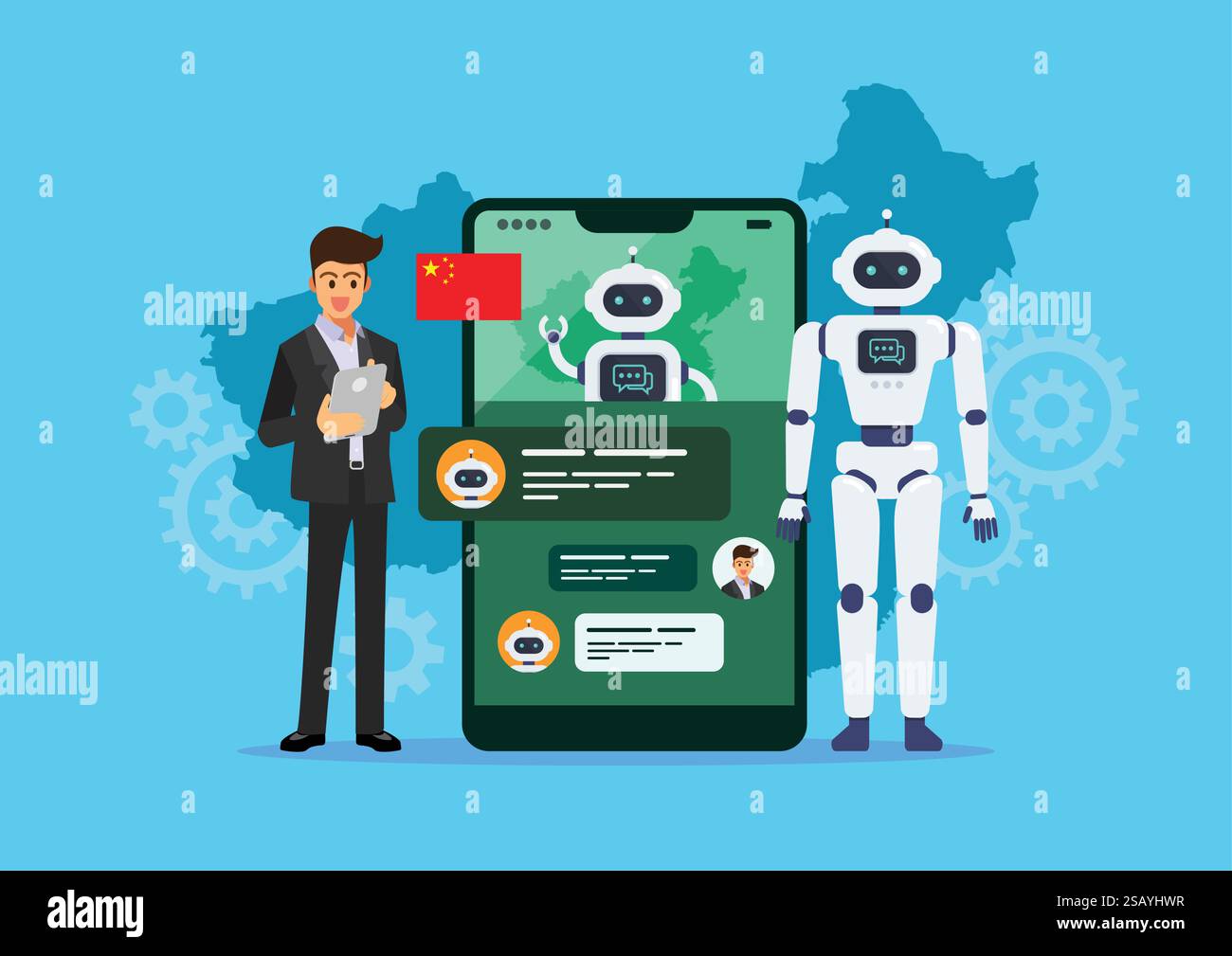 Business chinese man is talking or chatting with chat bot. Artificial Intelligence. Vector ...