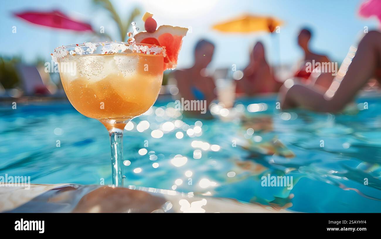 A close-up view of a vibrant summer cocktail resting on the poolside ...