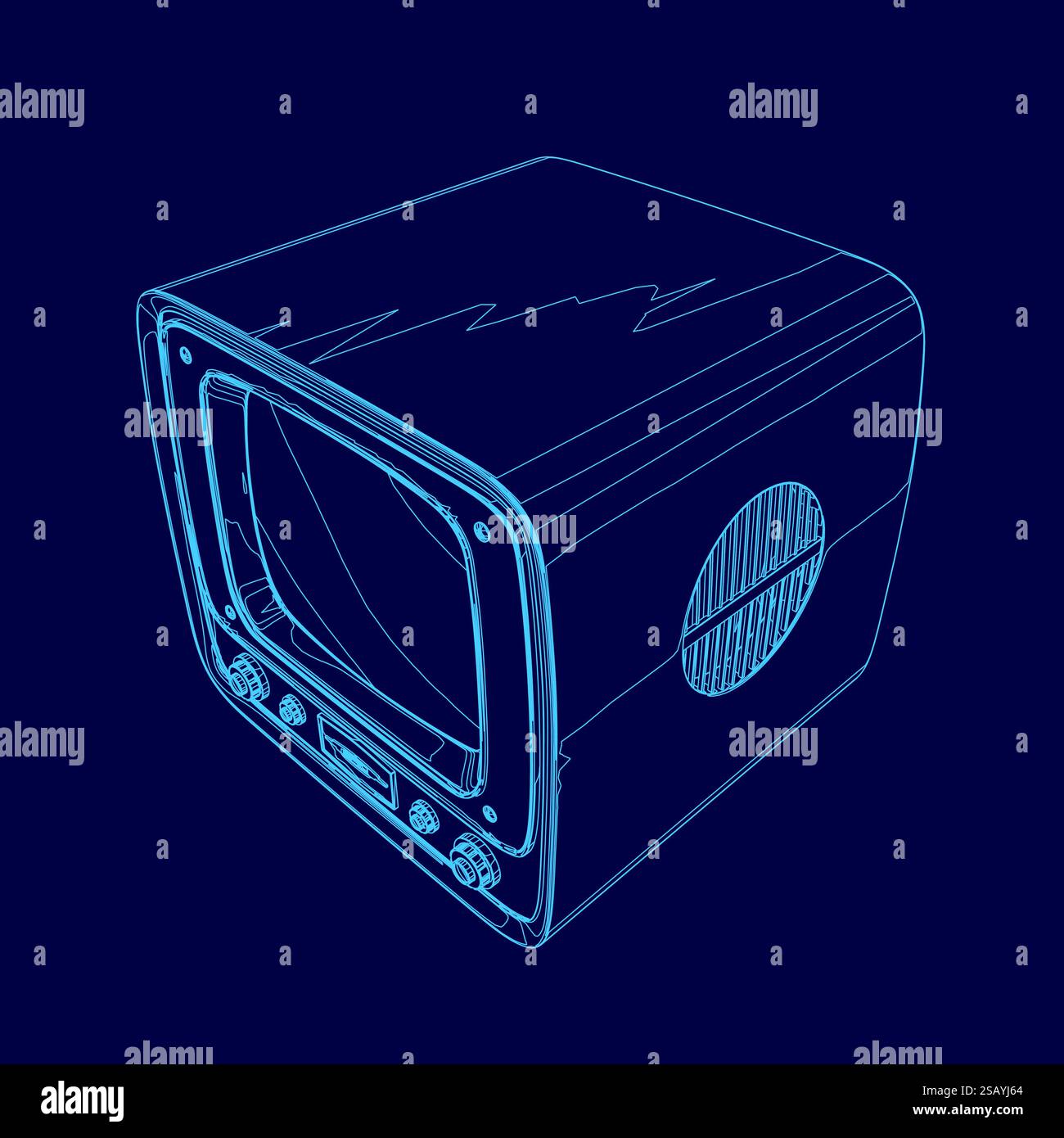 Blue drawing of a television with a black circle on the top right. The ...