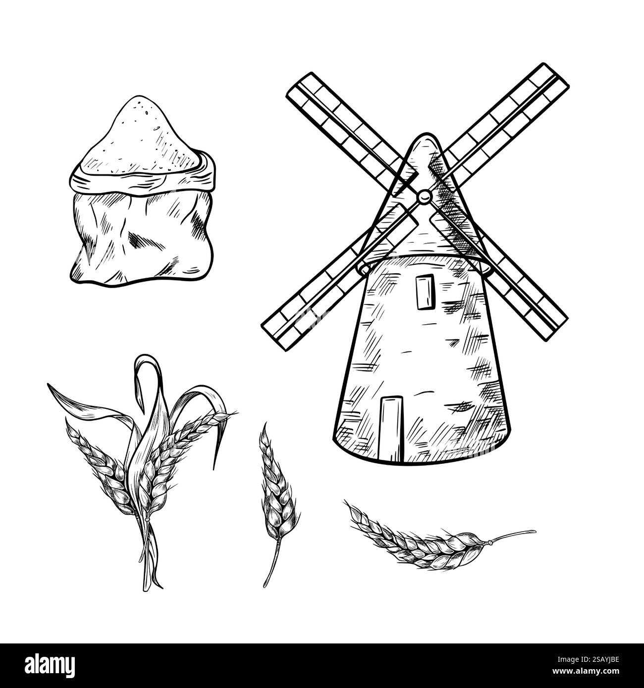 Wheat ears bunch, windmill and flour bag hand drawn black white vector ...