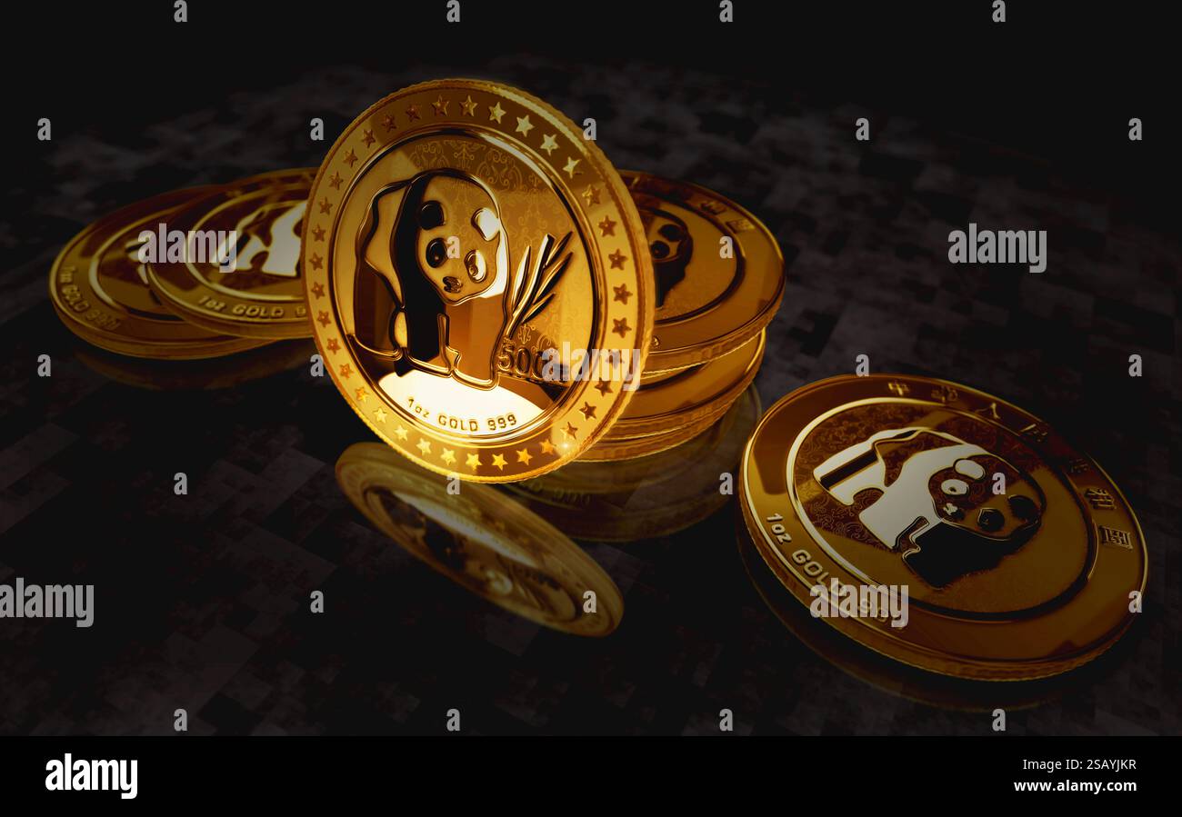 Panda chinese gold coin on green screen background. Abstract concept 3d ...