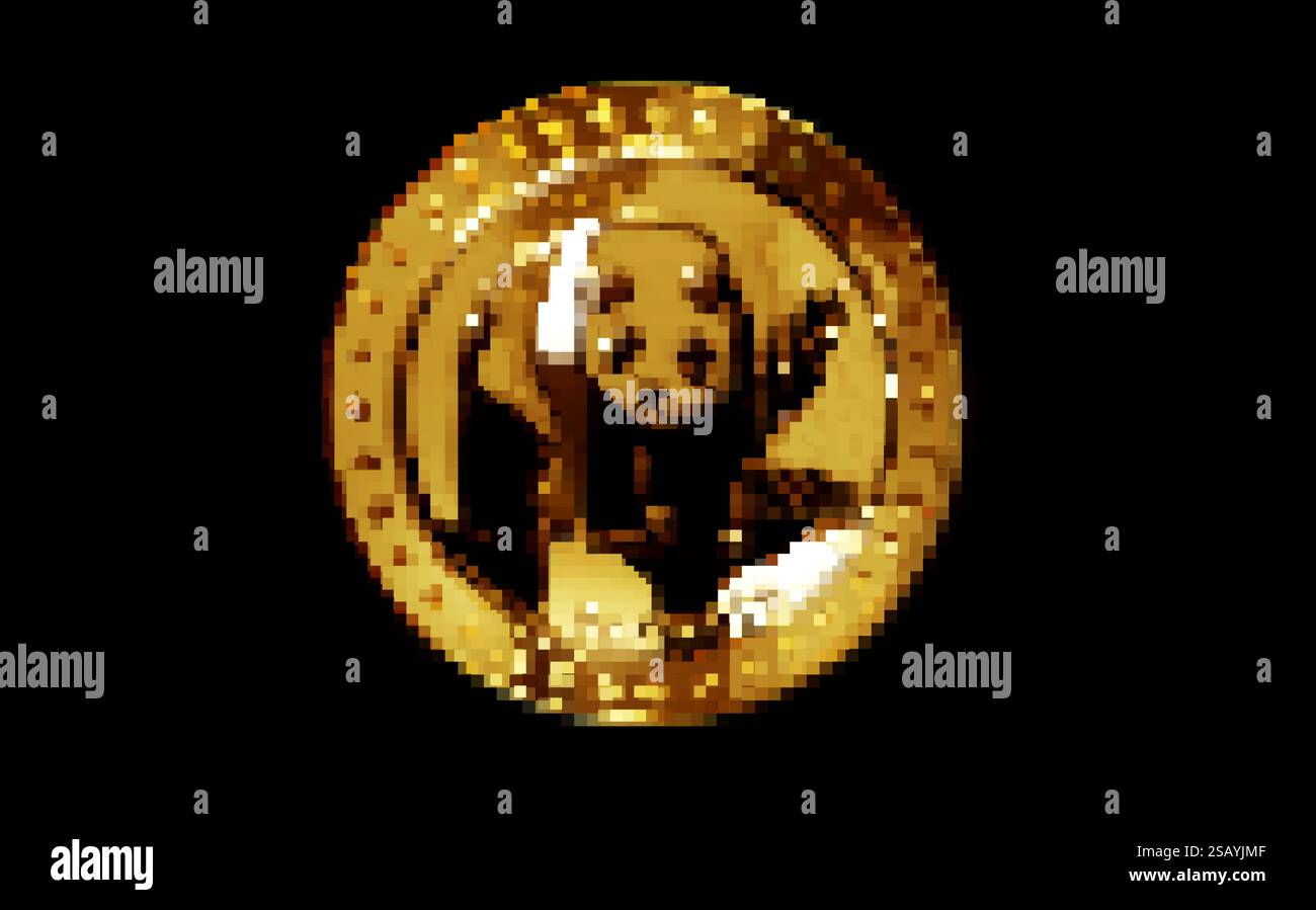 Panda chinese gold coin in retro pixel mosaic 80s style. Rotating ...