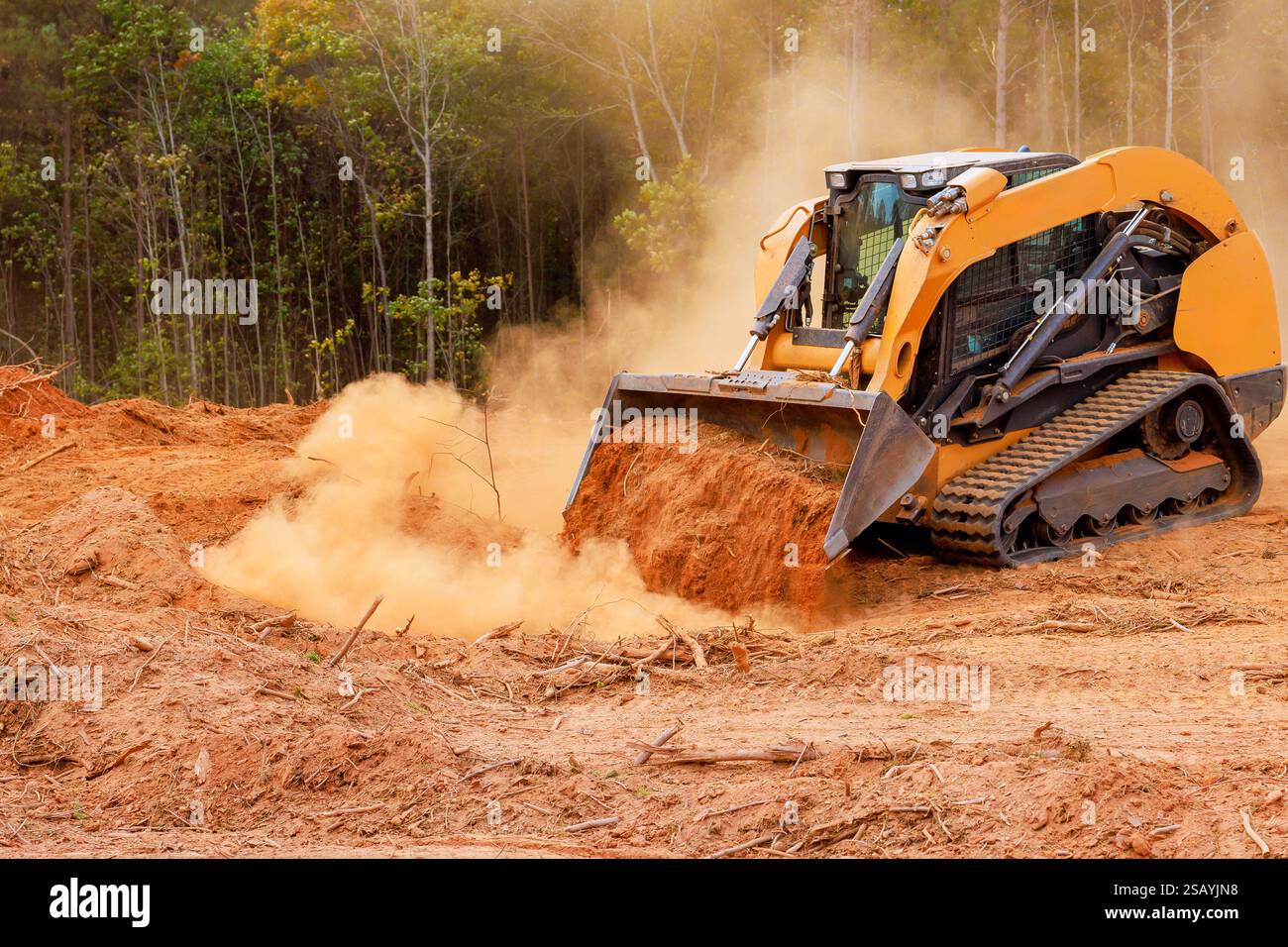 Heavy machinery clears land covered in dust among trees, preparing site for future development ...