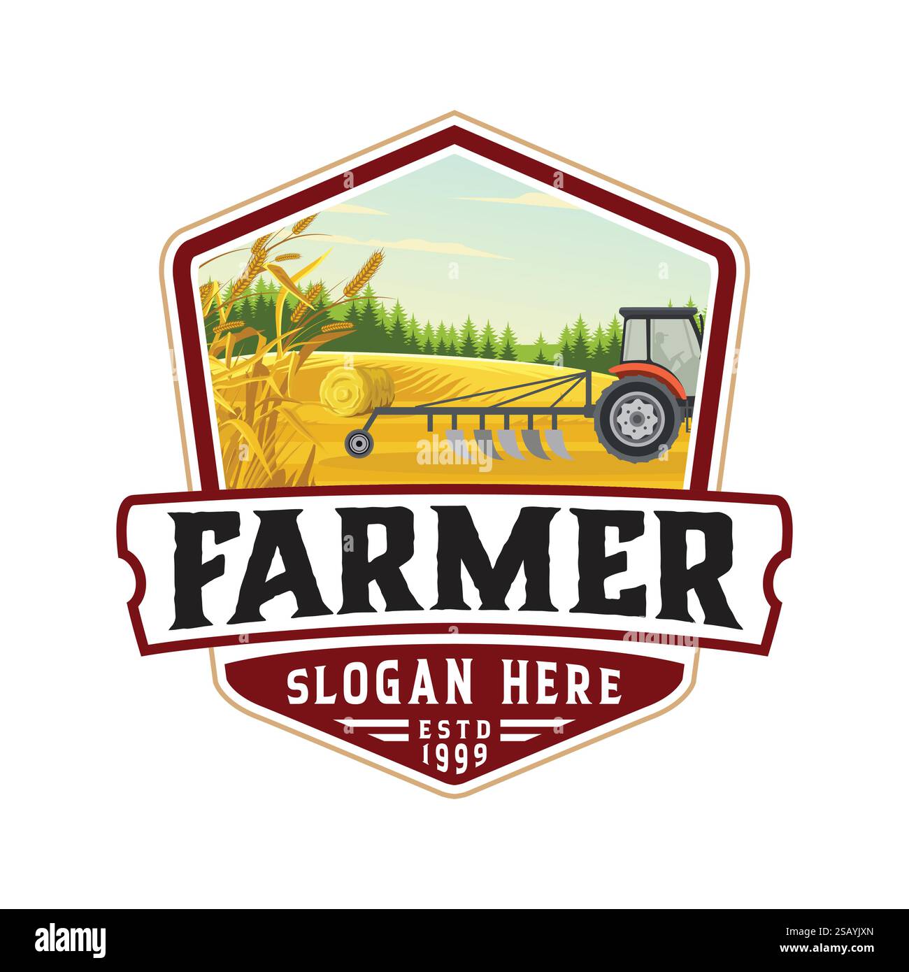 agriculture logo with wheat field and tractor illustration, emblem logo ...