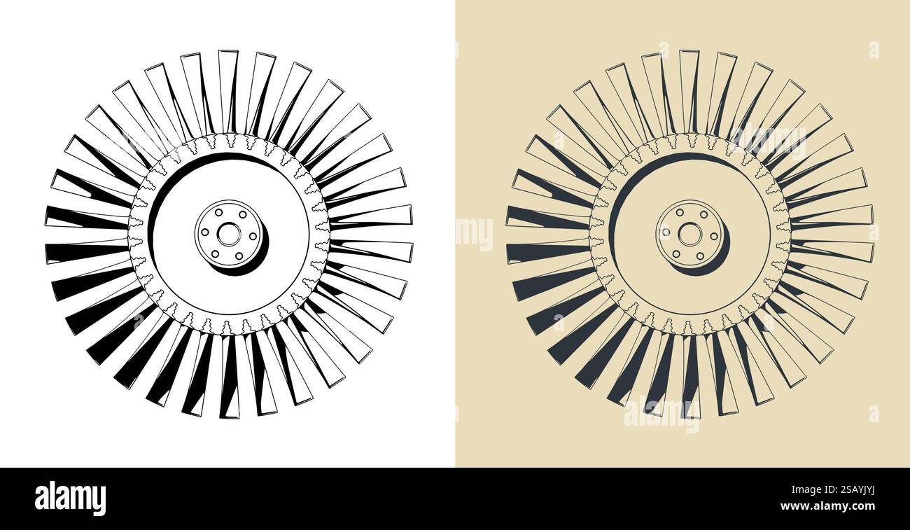 Engine compressor blisk and turbine blades illustrations Stock Vector ...