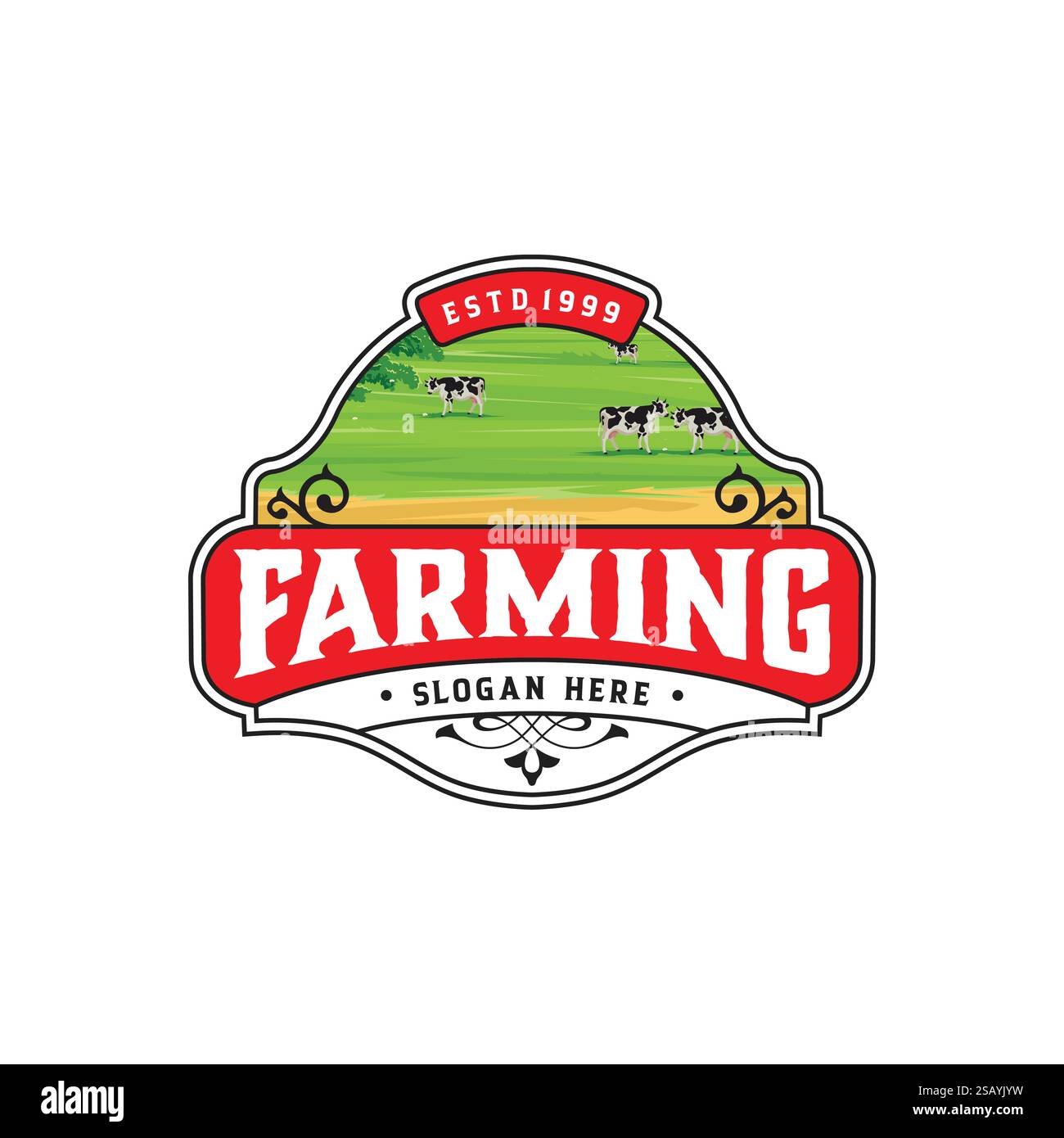 A vintage logo featuring a green field with cows and the word 'farming ...