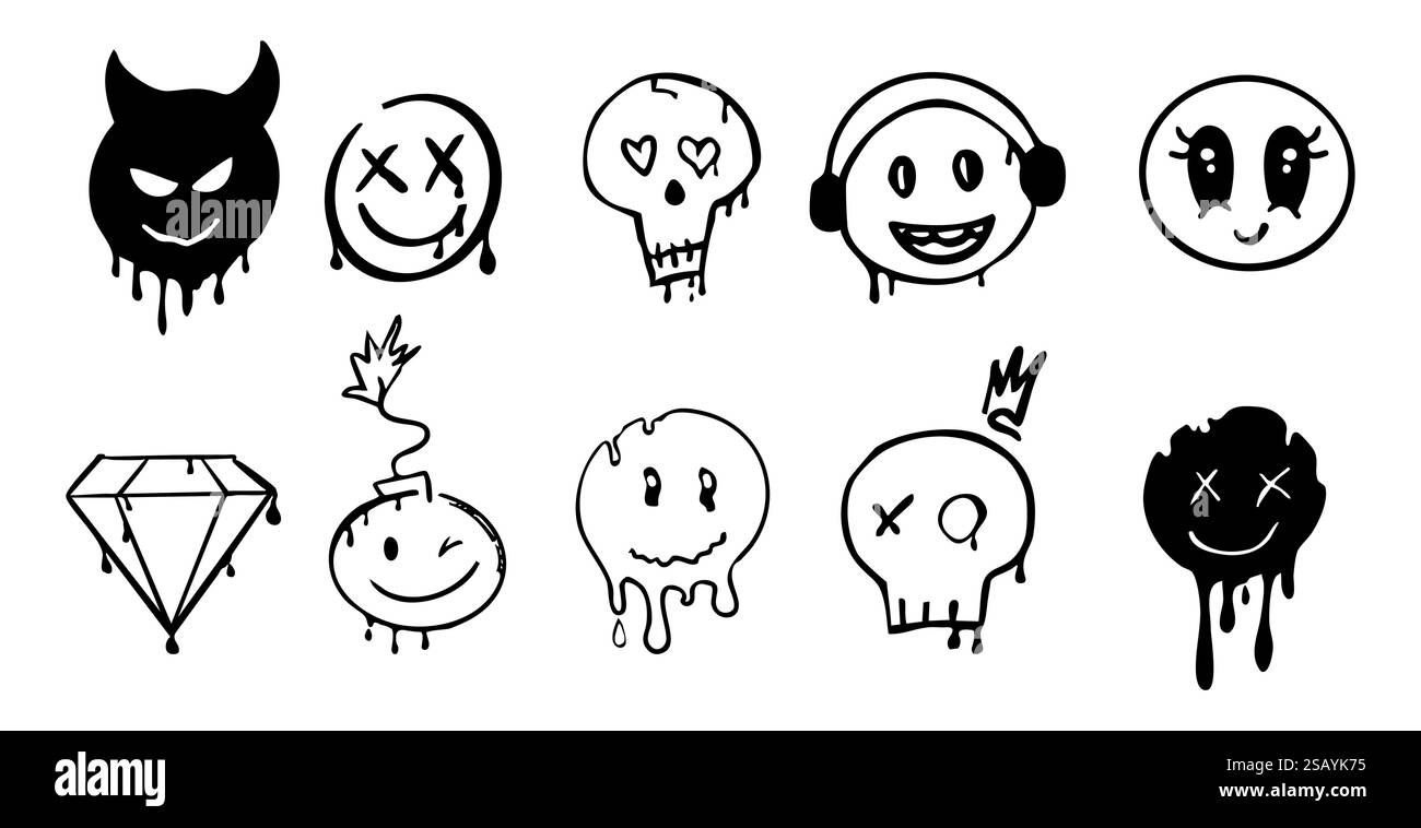 Graffiti Gangster tattoo elements, paint splash, spray. Heart face ...