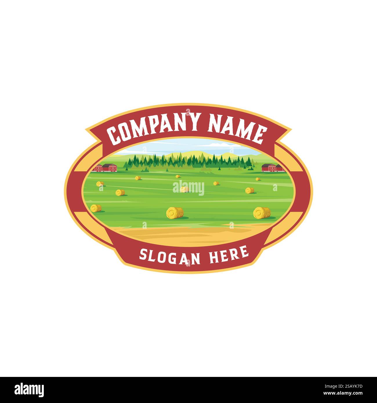 A rustic logo featuring a farm field with hay bales and barns Stock ...