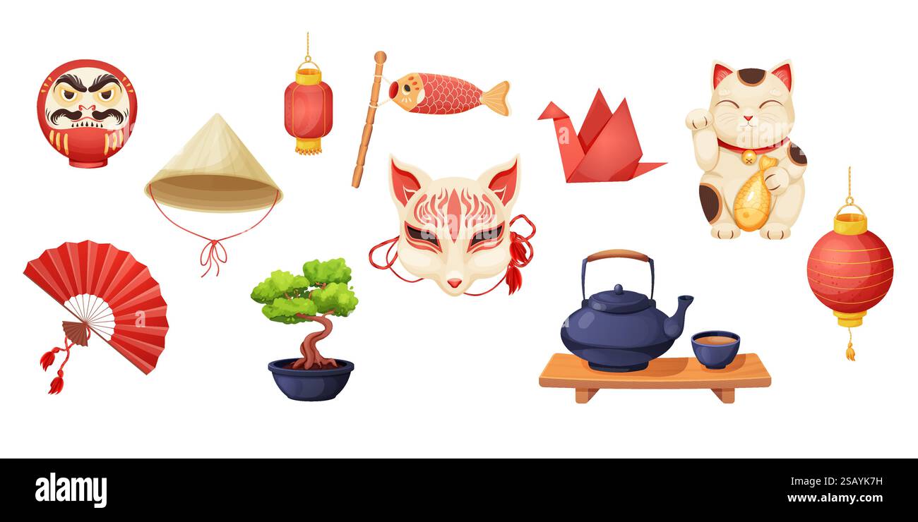 Japan set with traditional elements bonsai tree, koinobori flag, fun, maneki neko cat, origami ...