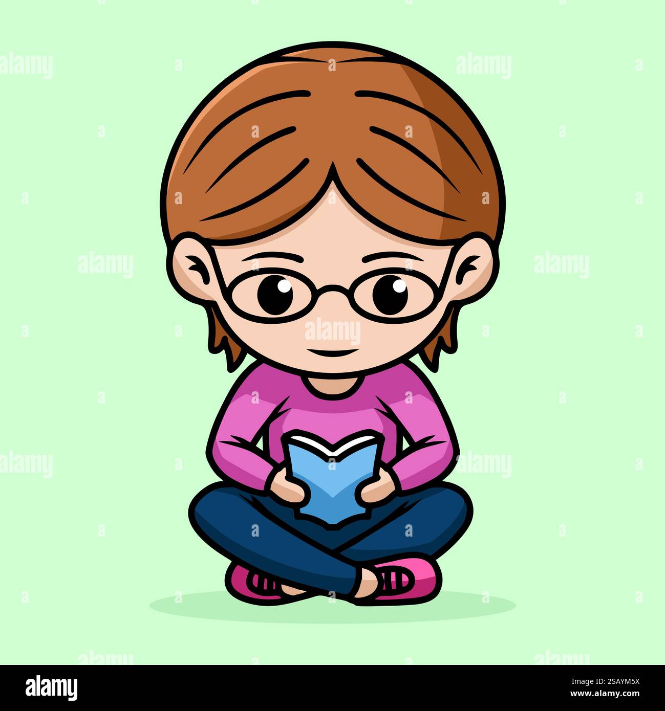 Bookworm chibi mascot character reading a book, sitting cross legged ...
