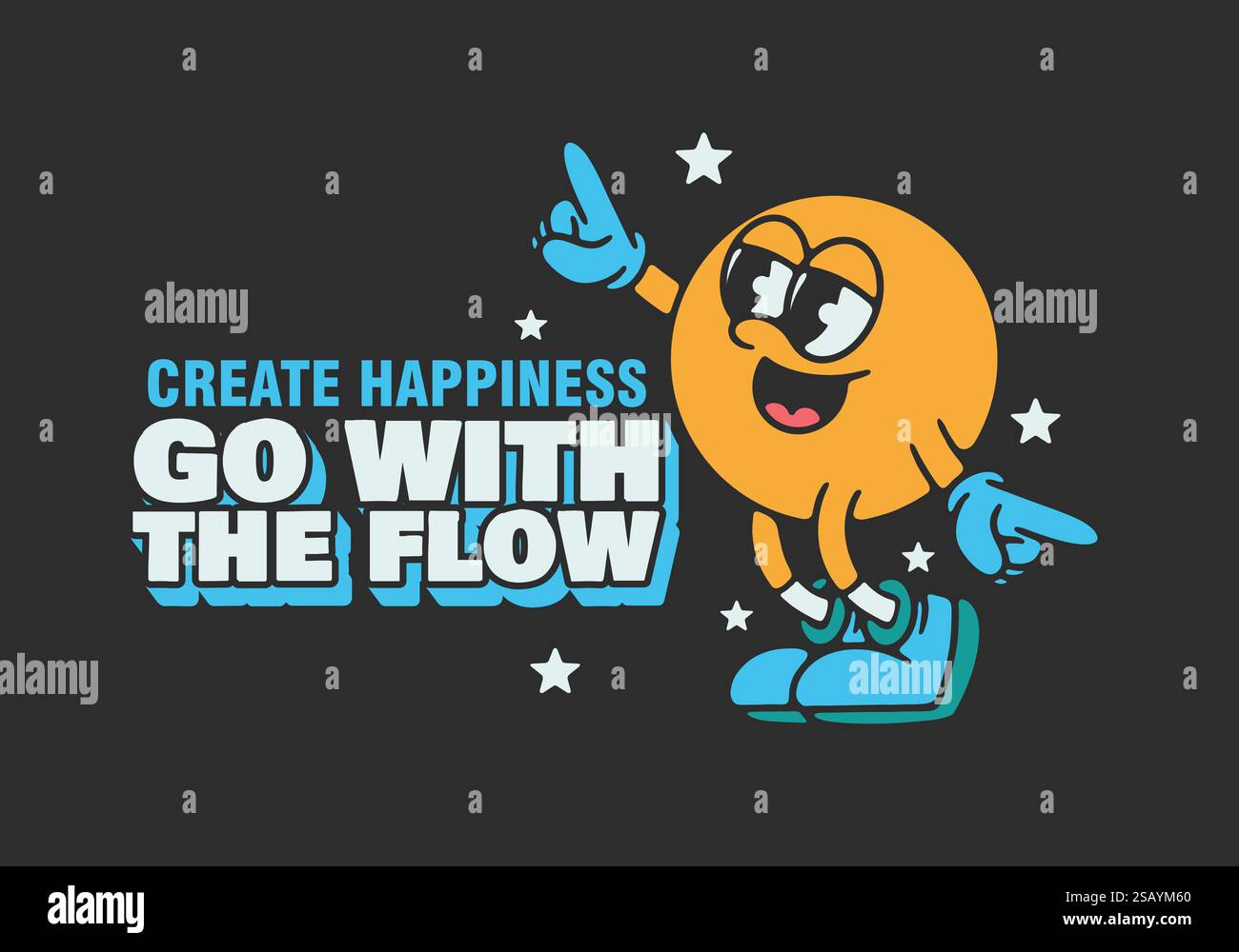 Happy mascot character in dance pose, dark background. Good for t-shirt ...