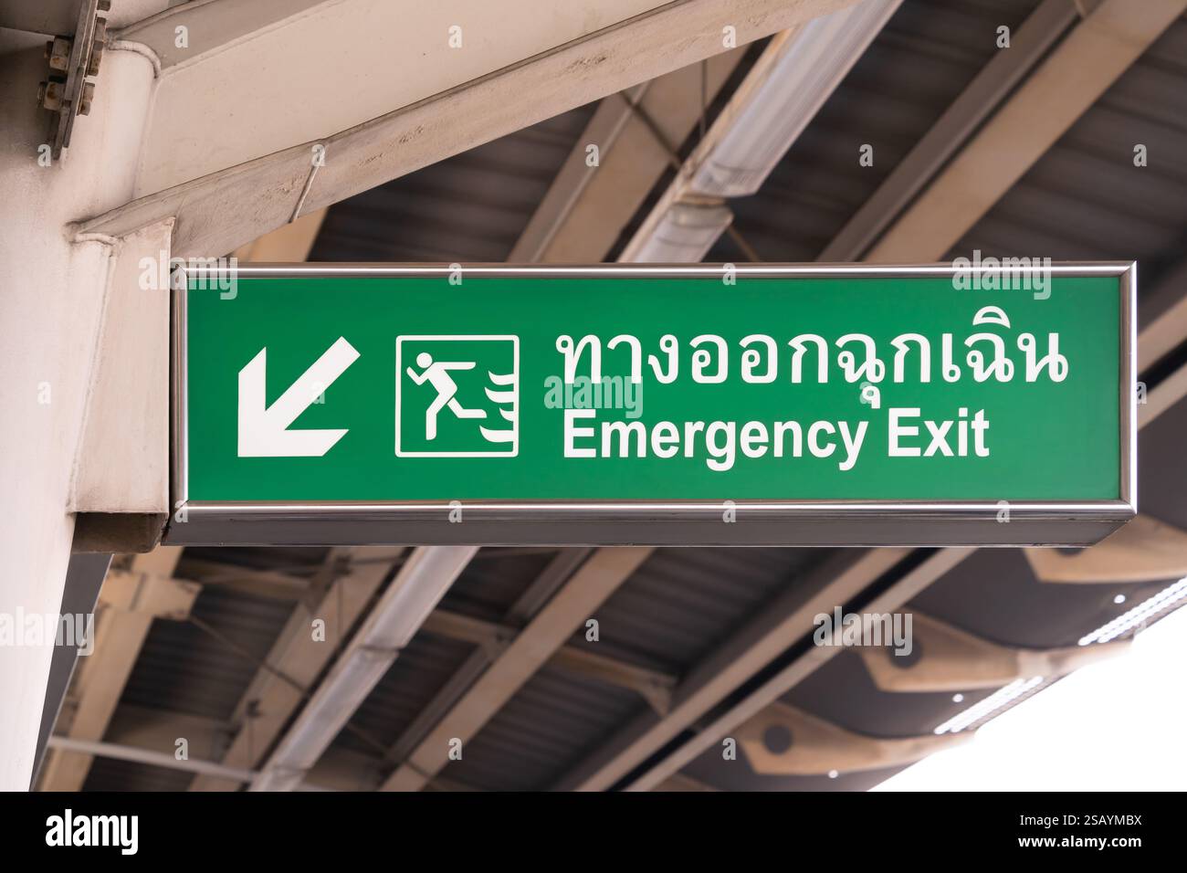Close-up of green emergency exit sign Stock Photo - Alamy