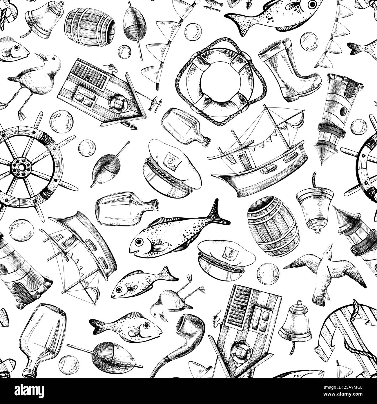 Sea lighthouse, fishing boat, cabin, ship and fishing equipment ...