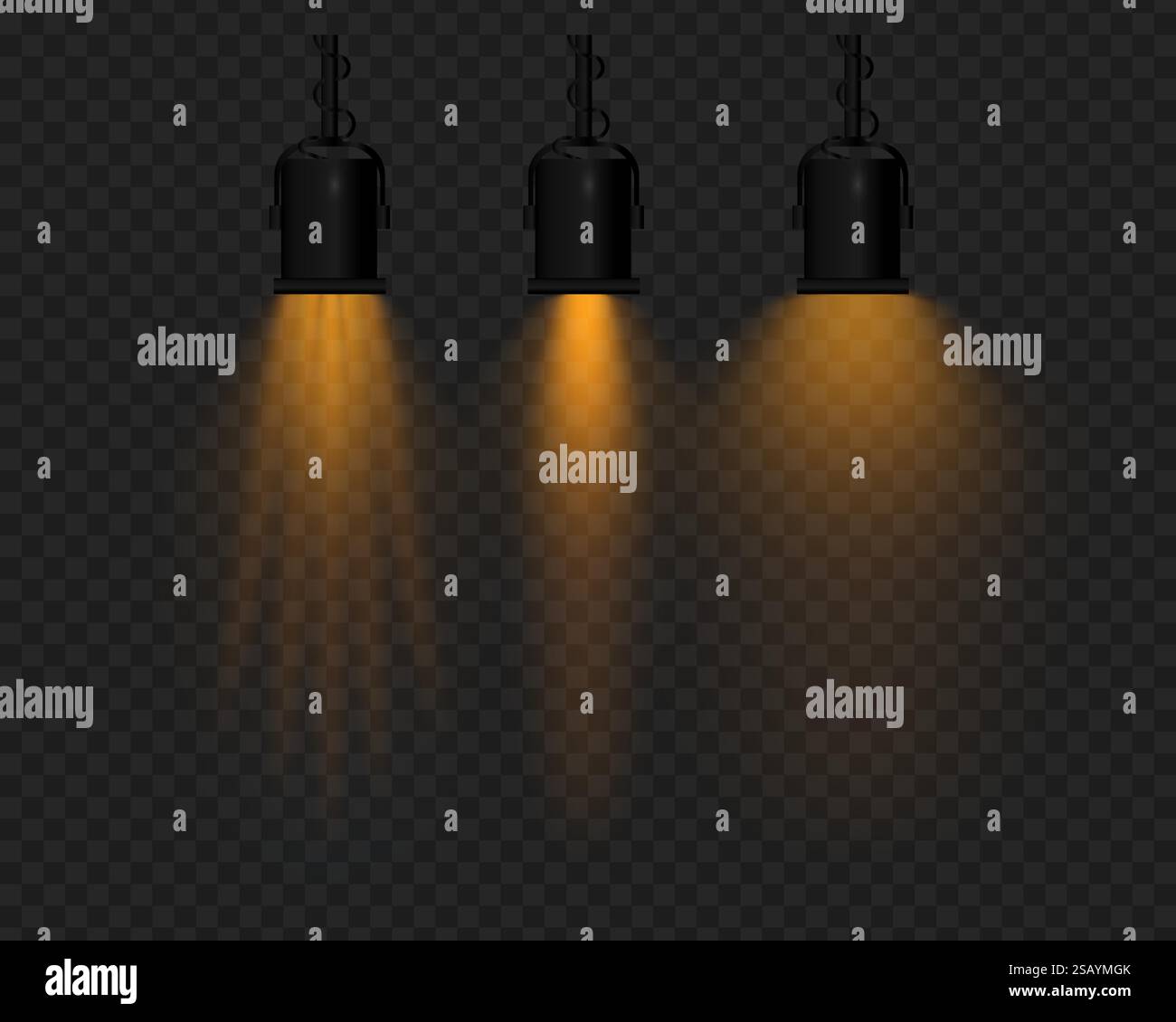Realistic vector hanging lamps with orange light on a transparent ...