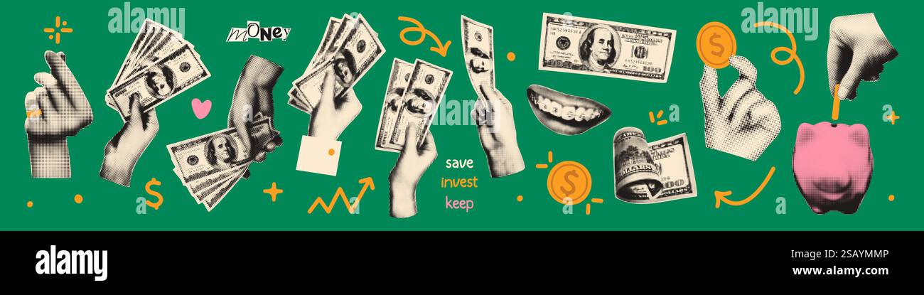 Money halftone collage cut outs set vector illustration Stock Vector ...