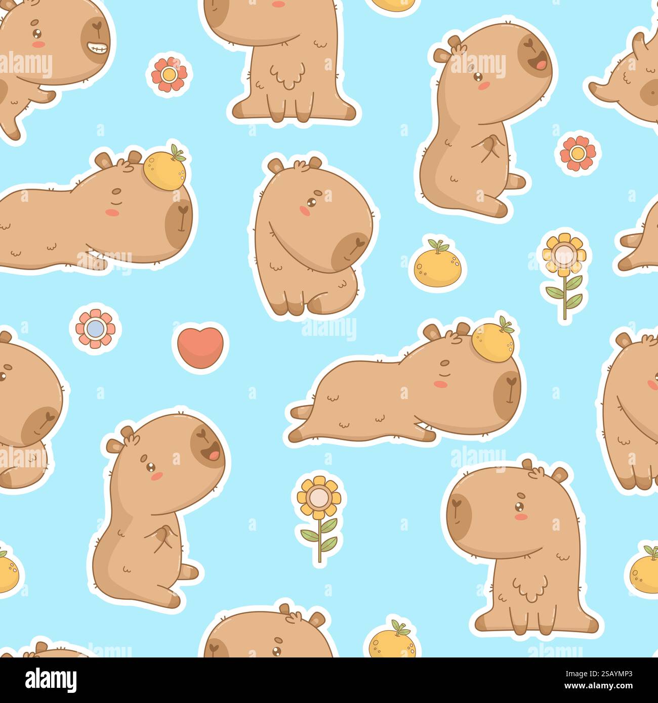 Seamless pattern. Cute Capybara cartoon character on blue background with tangerine, heart and ...
