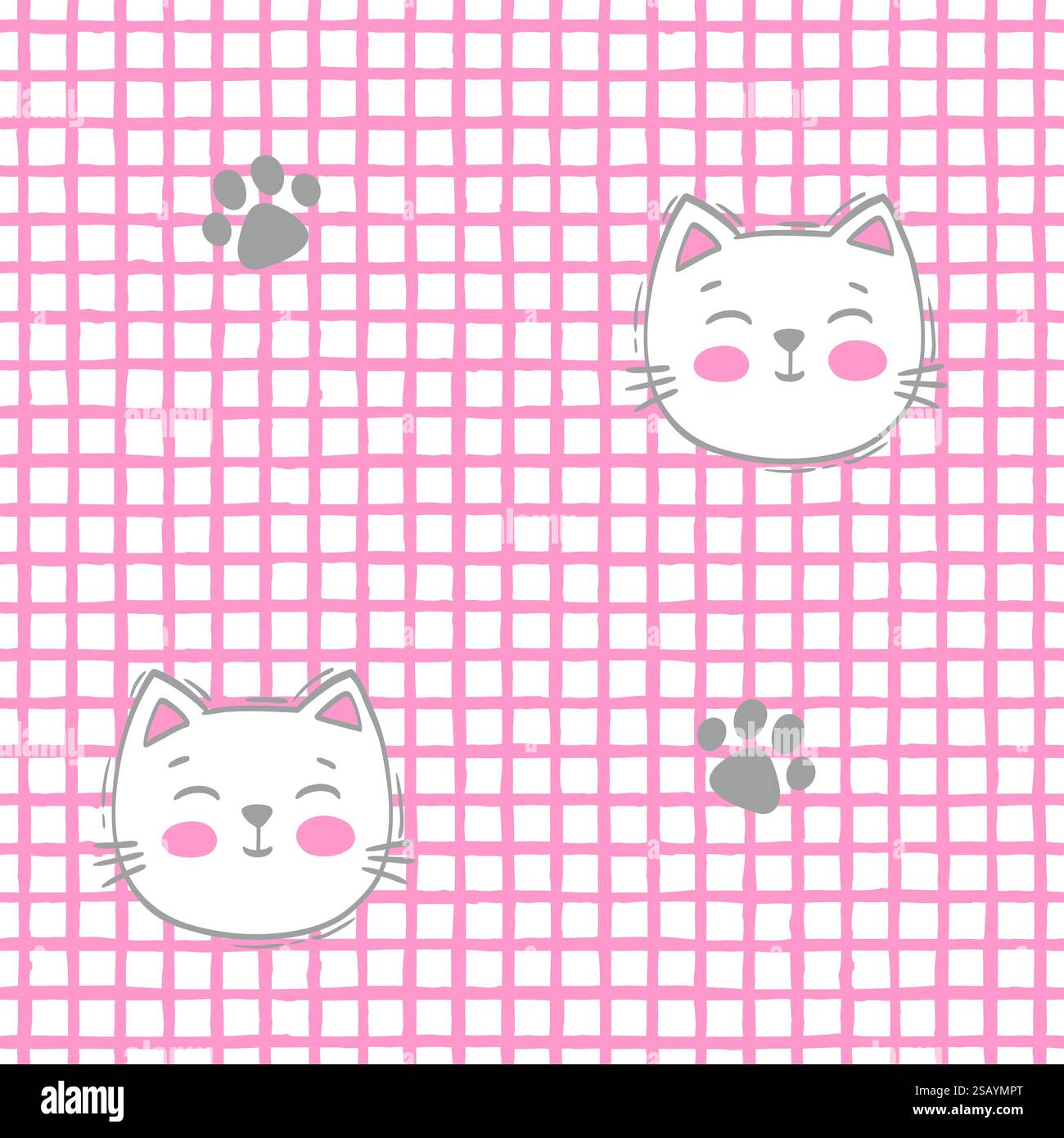 Vector hand drawn seamless pattern. White cat faces and cat paw prints ...