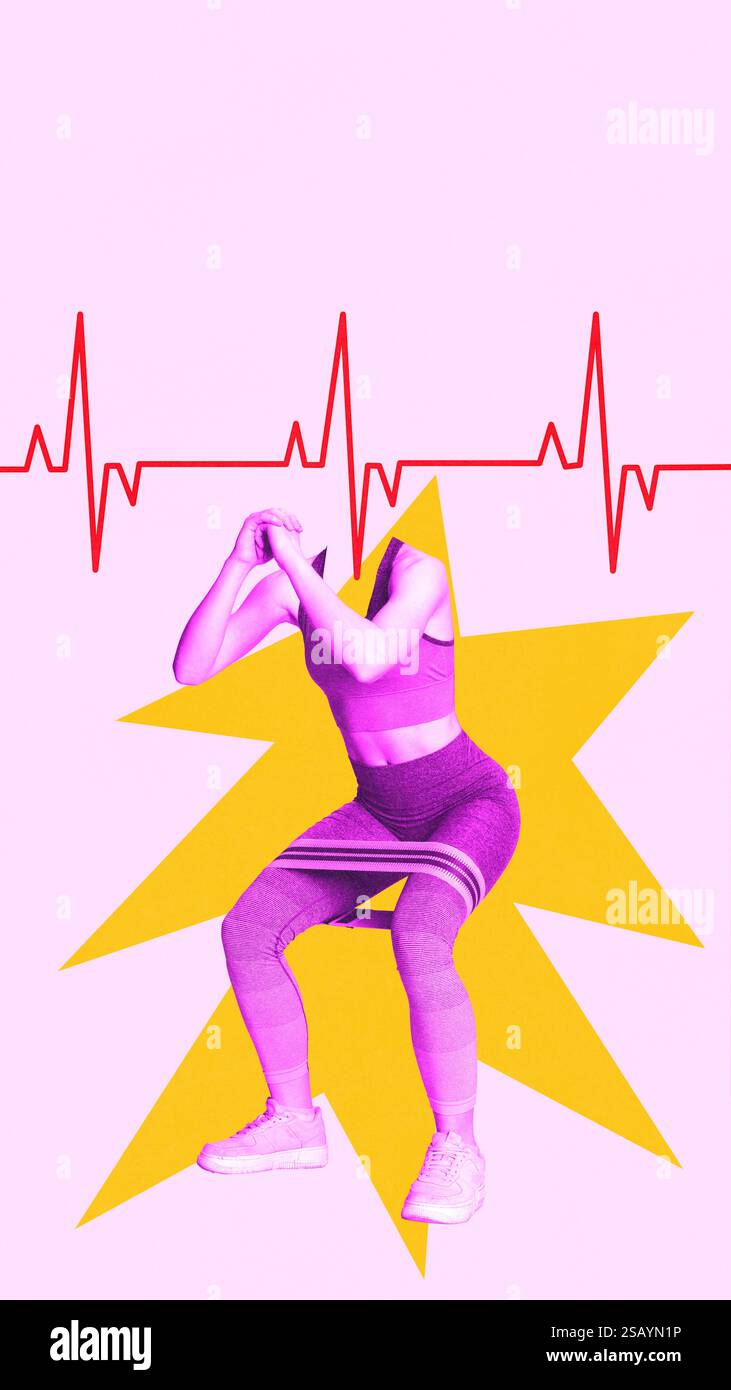 Conceptual art design. Woman in activewear performing squat exercise ...