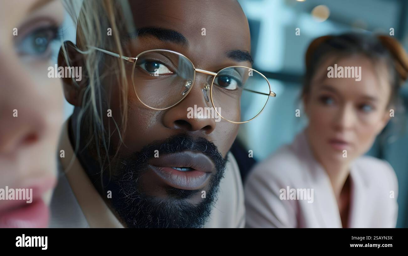 This image depicts a close-up view of a diverse business team engaged ...