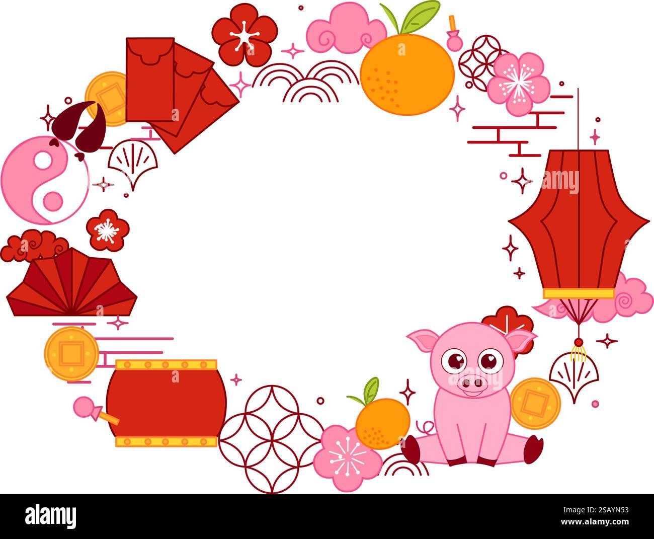 Chinese new year of pink pig 2031 oval frame template for your text ...