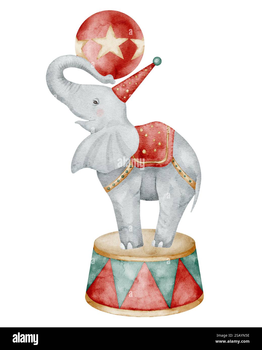 Watercolor illustration of Circus Elephant balancing on a pedestal and ...