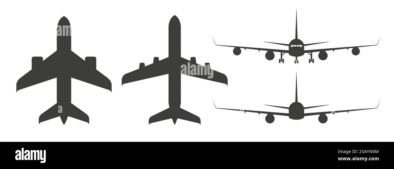 Commercial passenger aircraft, top, front and rear views. Flat vector ...