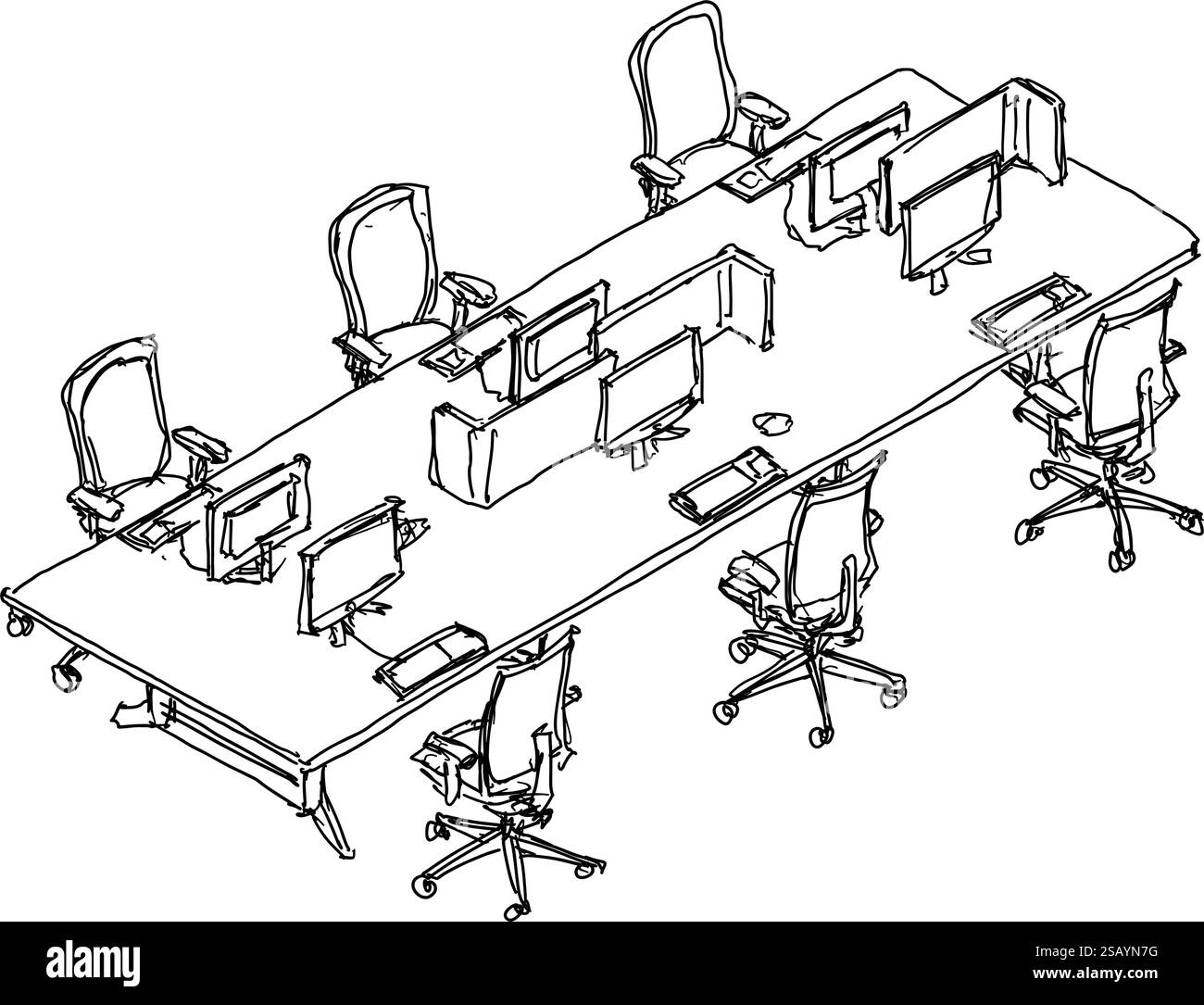 hand drawn architectural sketch of of big office teamwork table for six ...