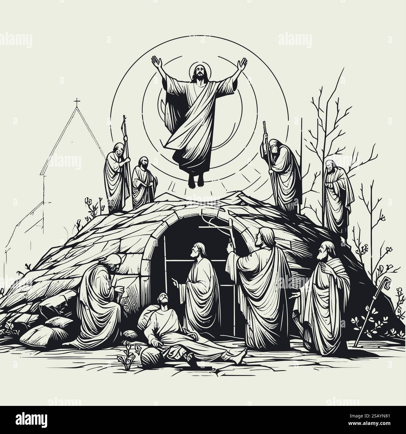 Black and white illustration depicts a dramatic Resurrection scene. The ...
