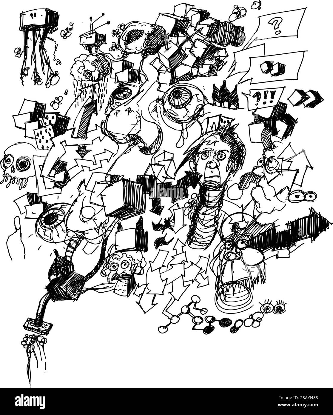 hand drawn automatic drawing of fantastic shapes and creatures and ...