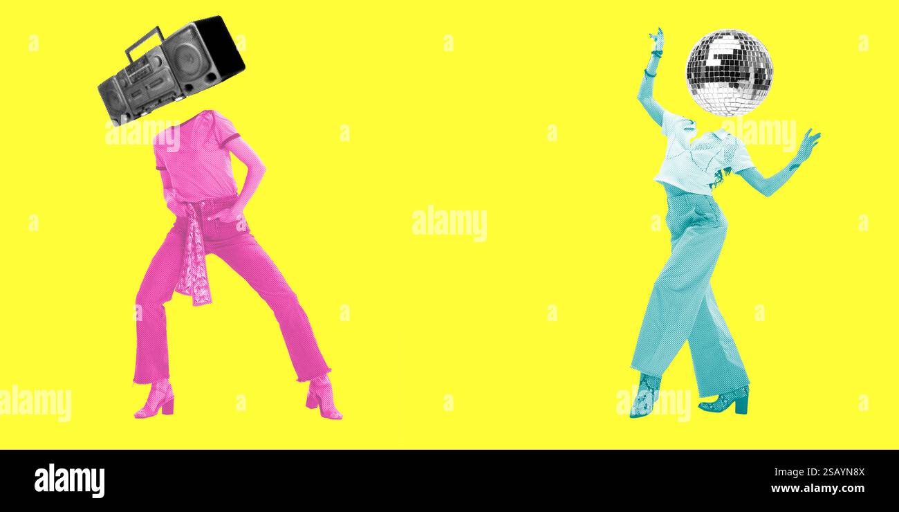 Conceptual art design. Two dancing women in retro outfits with one ...