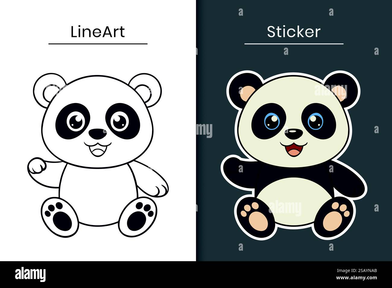 Cute cartoon baby panda vector outline and sticker flat illustration ...