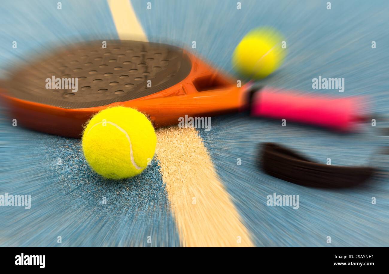 padel racket on a padel blue court with a ball Stock Photo - Alamy