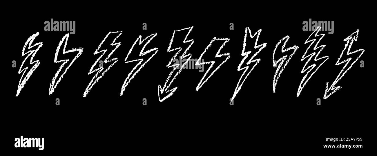 Set of lightning by wax pencil drawing. Collection of handdrawing chalk ...