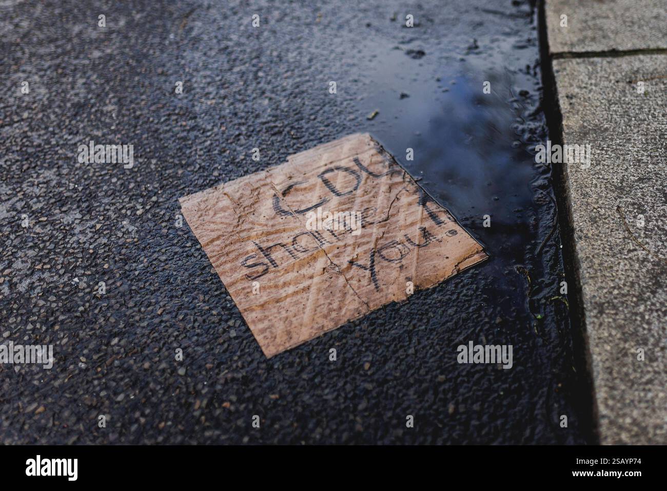 Ein kaputtes Plakat mit der Aufschrift CDU shame you liegt in einer ...